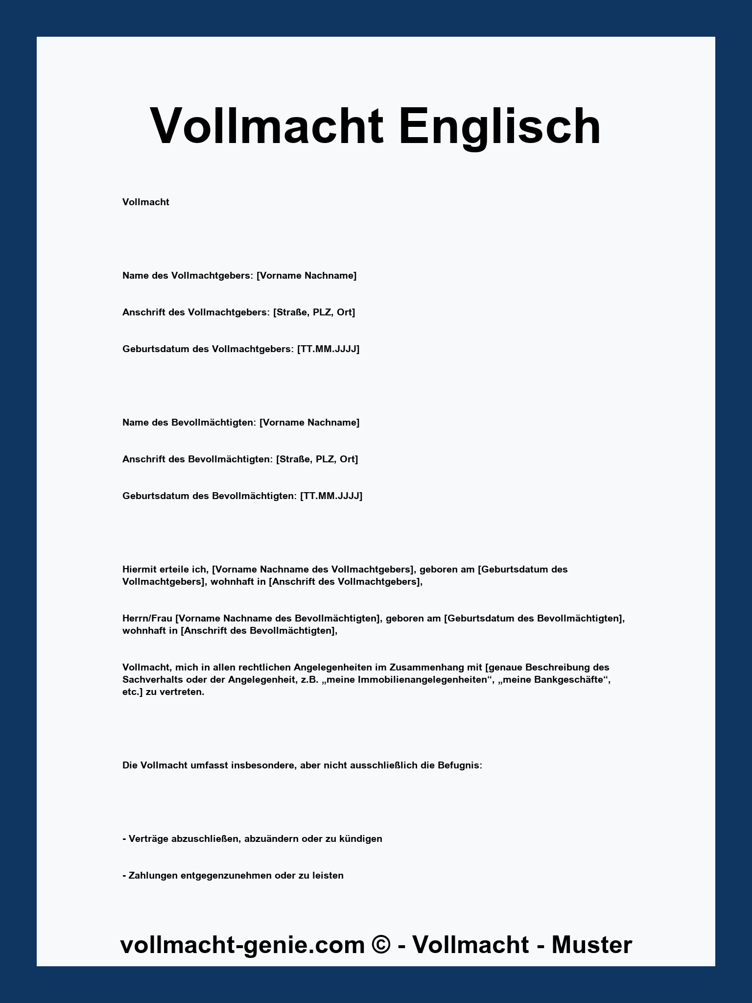 Vollmacht Englisch Vorlage - WORD