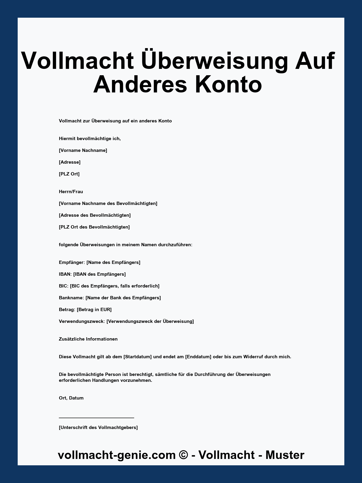 Vollmacht Überweisung Auf Anderes Konto Vorlage